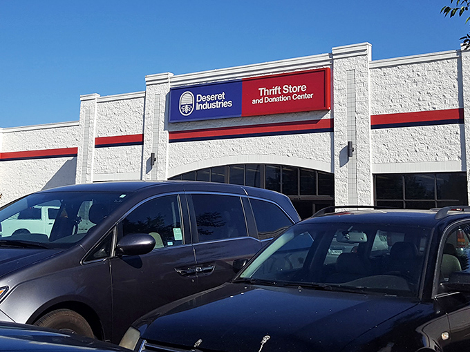 Spacious parking and a welcoming storefront make this Deseret Industries location feel more like a department store than a typical thrift shop.