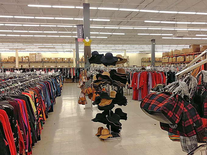 Rows of colorful clothing stretch endlessly, creating a rainbow of affordable possibilities for every shopper.