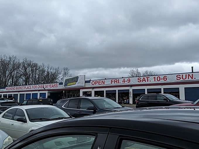 "Weekend Marketplace for Over 50 Years" isn't just a sign&mdash;it's a promise of endless discoveries waiting behind those blue doors.