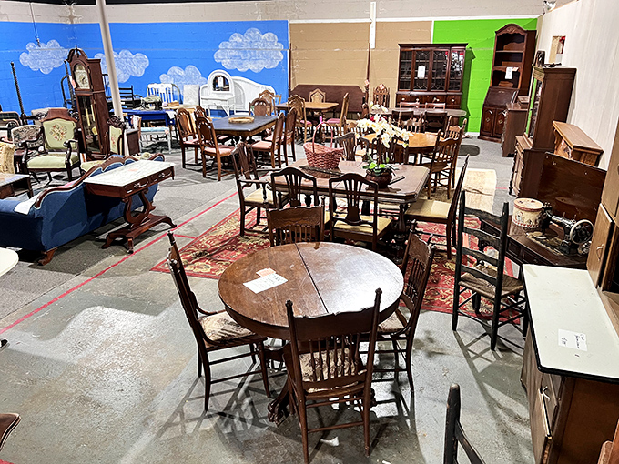 Indoor furniture wonderland where every piece whispers stories of Mississippi homes past and present.