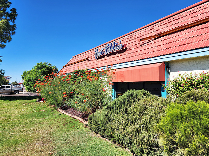 The vibrant landscaping outside Fast Eddie's is as fresh as their morning pancakes &ndash; a feast for all senses!