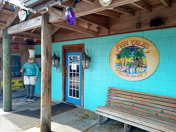 That chef statue isn't just decoration &ndash; he's guarding the secret to Fish Tales' legendary hush puppies and fresh-caught seafood.