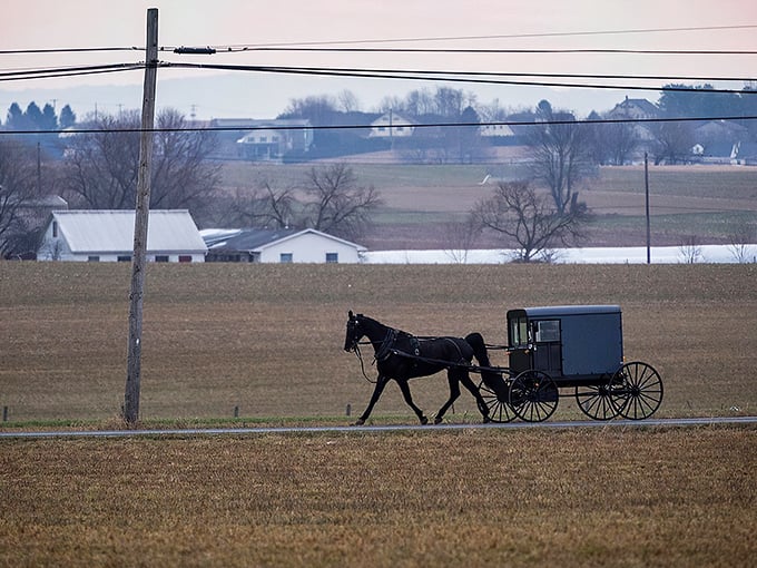 Rolling farmland stretches endlessly while a buggy travels the peaceful road - this is Pennsylvania's original slow lane.