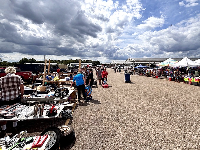 Outdoor vendor tables stretch like a small town festival, where every booth holds someone's cherished collection.