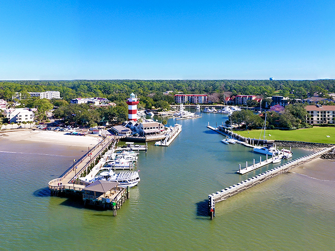 Aerial eye candy! This bird's-eye view of Hilton Head's striped lighthouse and boat ballet would make Jimmy Buffett write a whole new album.