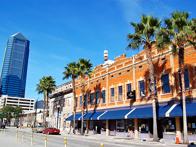 Historic brick buildings and swaying palms - Jacksonville's downtown blends old-world charm with Florida sunshine.