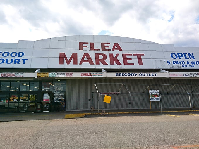 The classic flea market facade beckons bargain hunters with promises of hidden gems and forgotten treasures.
