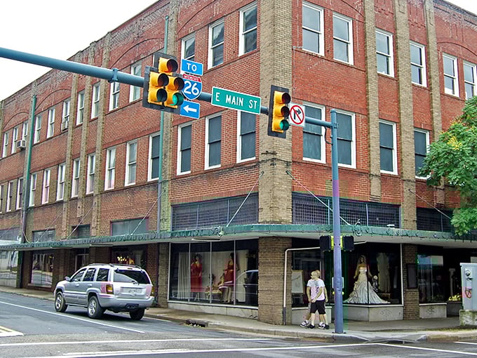 Main Street in Johnson City showcases classic architecture at the corner of E Main, where history and commerce intersect beautifully.