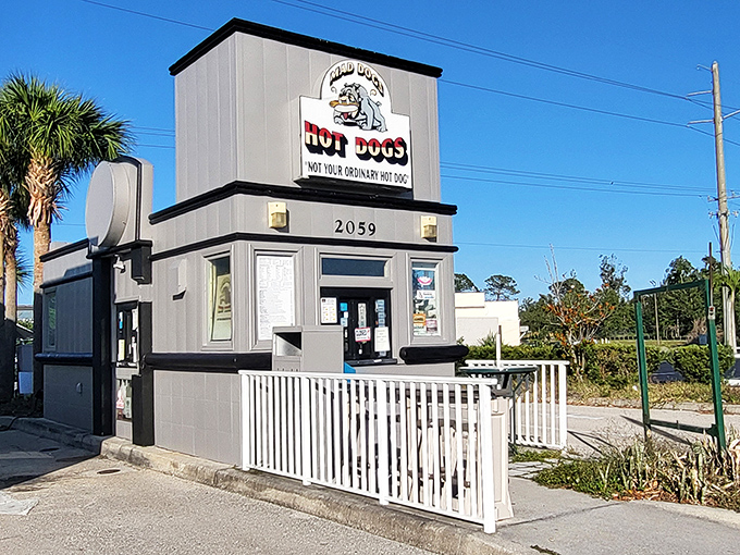 That classic hot dog stand architecture tells you everything: serious food, zero pretense, maximum flavor.