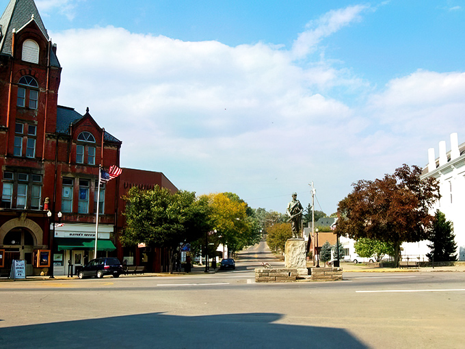 This charming town square feels like stepping into a Norman Rockwell painting come to life.