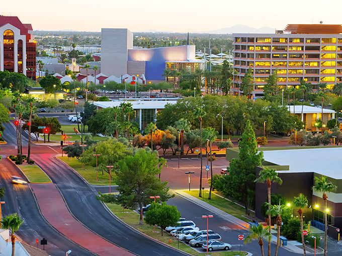 From above, Mesa spreads like a comfortable quilt - affordable neighborhoods stretching toward distant mountains under Arizona's endless sky.