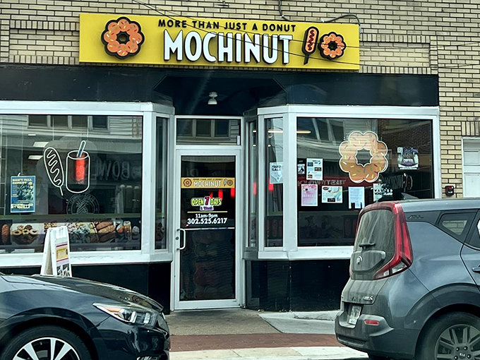Mochinut's storefront whispers sweet nothings to passersby, luring them into a world where rice flour meets pure genius.