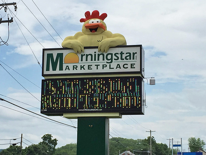 That giant chicken mascot says "Welcome!" louder than your favorite aunt at Thanksgiving dinner.