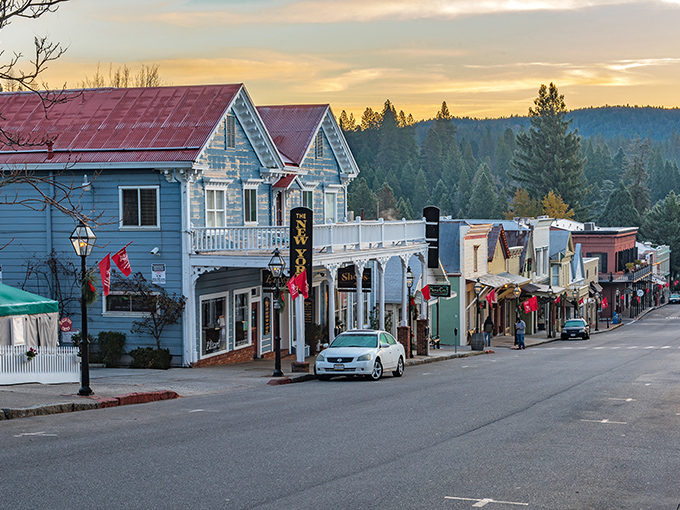 The sunset glow on Nevada City's Victorian buildings creates a magical atmosphere that whispers tales of California's golden past.