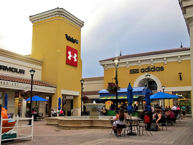 Yellow buildings under blue skies - it's like shopping in a box of sunshine with actual deals inside. 