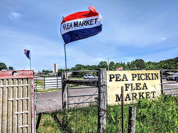 The gateway to bargain heaven! That red, white, and blue flag signals the start of your weekend treasure hunt at Pea Pickin'.