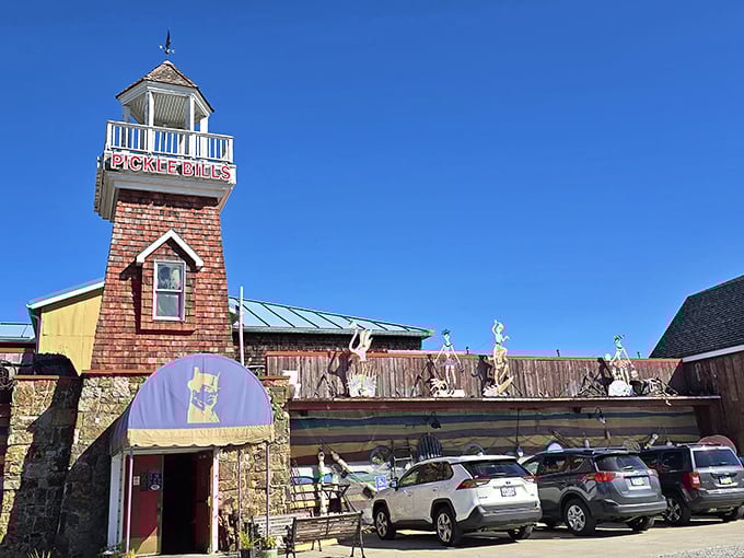 The nautical charm of Pickle Bill's stands tall against the Ohio sky, like a lighthouse guiding hungry travelers to lobster paradise.