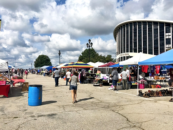 The fairgrounds transform into a bargain paradise under Carolina blue skies. Those white tents are like gift boxes waiting to be opened.