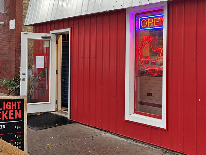 Sometimes the best chicken joints come in the most unexpected packages, complete with neon promises of spicy satisfaction.