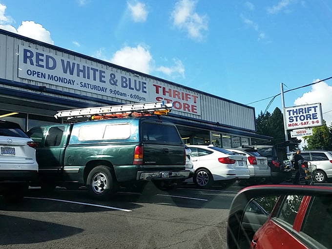 The patriotic colors aren't just for show; this place makes your wallet feel as proud as Uncle Sam on the Fourth of July.