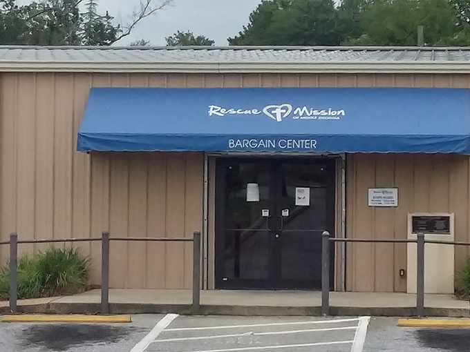 Rescue Mission's welcoming entrance promises adventures in thrifting. Behind these doors, yesterday's castoffs become tomorrow's treasures.