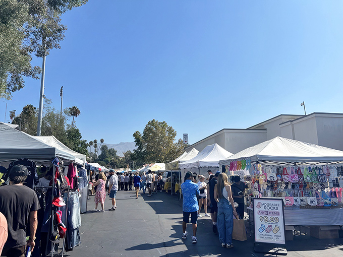 Morning light bathes the Rose Bowl vendors in golden possibility&mdash;each white tent a potential goldmine of vintage finds.