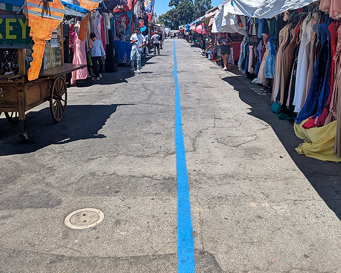 Follow the blue brick road! San Jose's flea market runway stretches like a fashion show catwalk, with colorful dresses fluttering like flags of bargain victory.