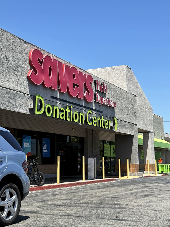 Savers' donation center entrance might look unassuming, but inside lies a universe of pre-loved possibilities waiting to find new homes.