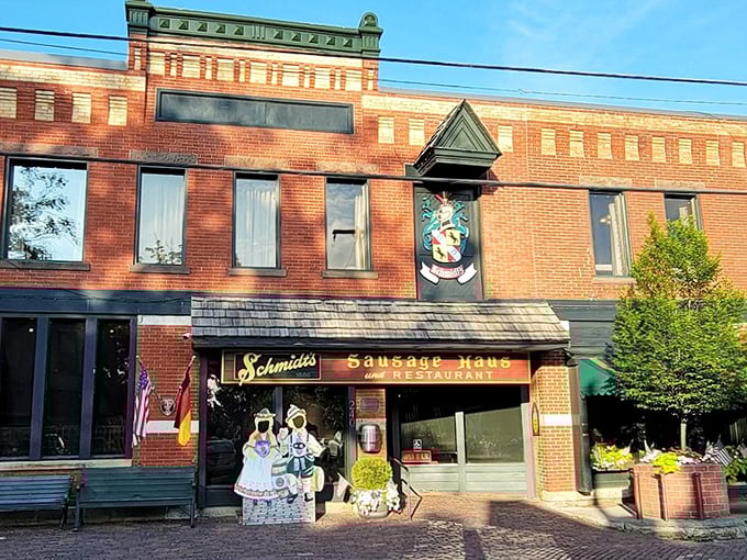 Schmidt's iconic storefront glows in the evening light, promising authentic German flavors that have made Columbus residents loosen their lederhosen for generations.