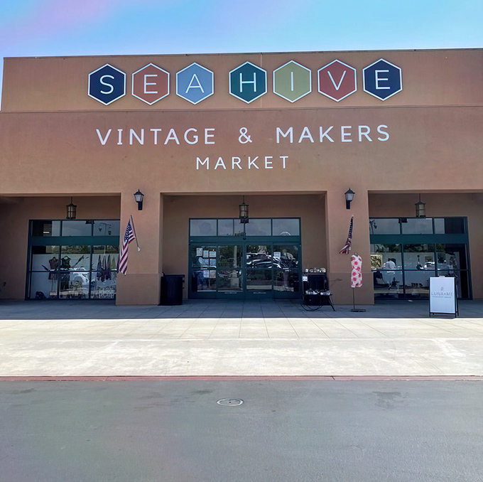 Sea Hive's colorful hexagon sign promises a honeycomb of vintage finds waiting to be discovered inside.