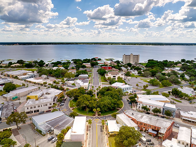 Aerial view of Sebring reveals a perfectly planned lakeside community where rush hour means waiting for one traffic light.