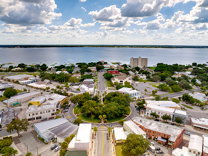 From above, Sebring spreads like a peaceful quilt beside Lake Jackson's shimmering blue embrace.