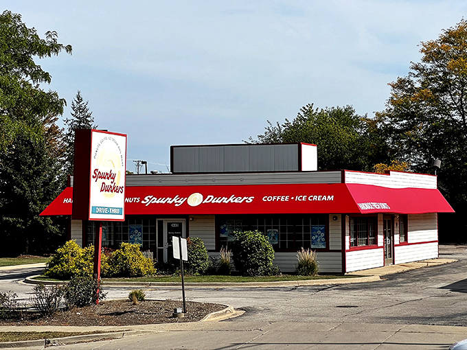 The bright red awnings of Spunky Dunkers stand out like a beacon of sugary hope on a cloudy Illinois day.