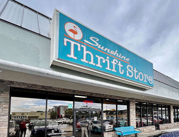 Stone accents and glass windows hint at organized treasures waiting inside this Tampa thrift paradise.
