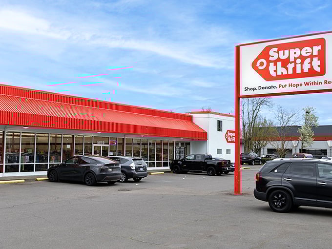 The Super Thrift sign promises treasure hunting adventures that would make Indiana Jones trade his whip for a shopping cart.