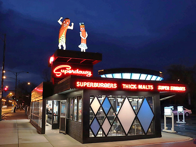 When neon meets nostalgia, magic happens&mdash;this retro drive-in glows like a beacon for hungry souls seeking comfort.