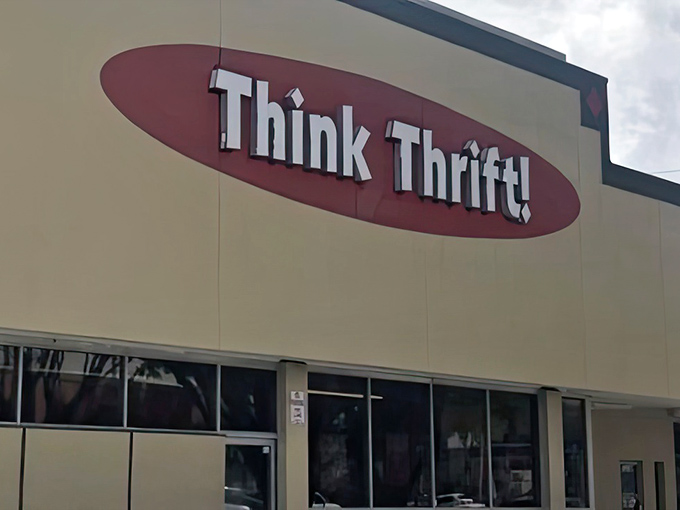 Up close and personal with the thrift store's bold signage &ndash; it's not just suggesting, it's practically commanding you to rethink retail therapy.