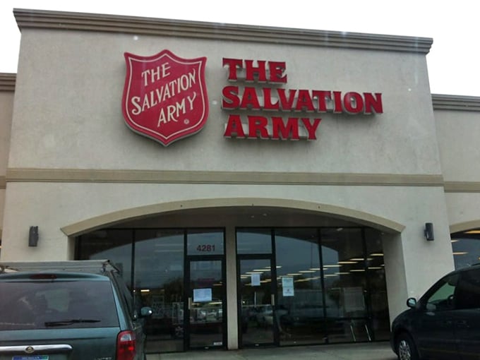 The Salvation Army's red shield promises bargains inside that'll make your wallet do a happy dance.