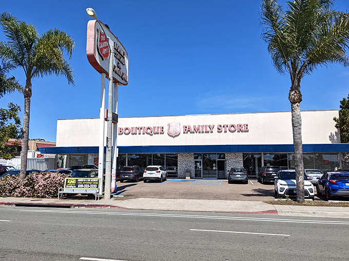 Palm trees frame this thrift store oasis where your dollar stretches further than a California sunset.