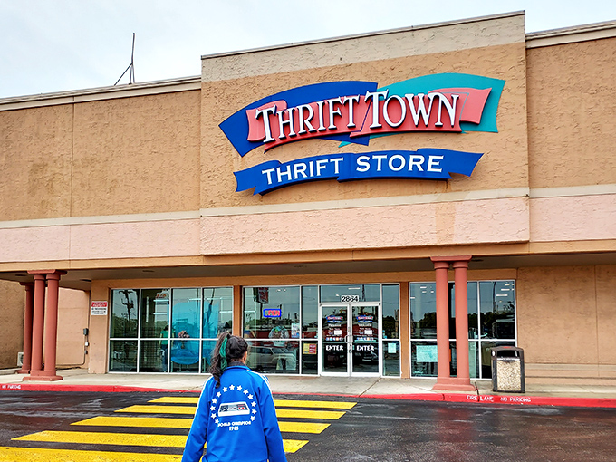 The entrance to bargain paradise! Thrift Town's welcoming facade is the gateway to countless "why didn't I think of that?" purchases.