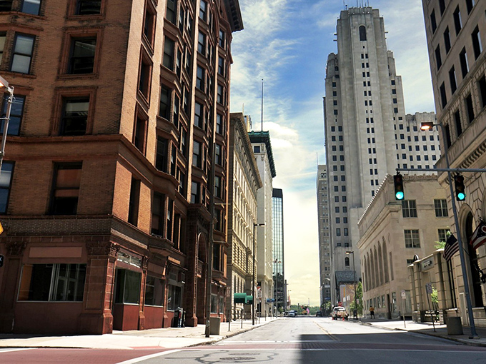 Downtown Toledo's towering architecture creates urban canyons perfect for leisurely strolls and window shopping adventures.