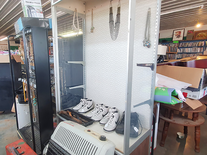 Vintage shoes and jewelry displays await bargain hunters. One person's castoffs become another's fashion statement at prices that won't break the bank.