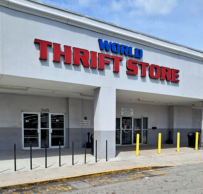 The entrance to bargain paradise! World Thrift's no-frills exterior hides a labyrinth of potential finds waiting to be discovered.