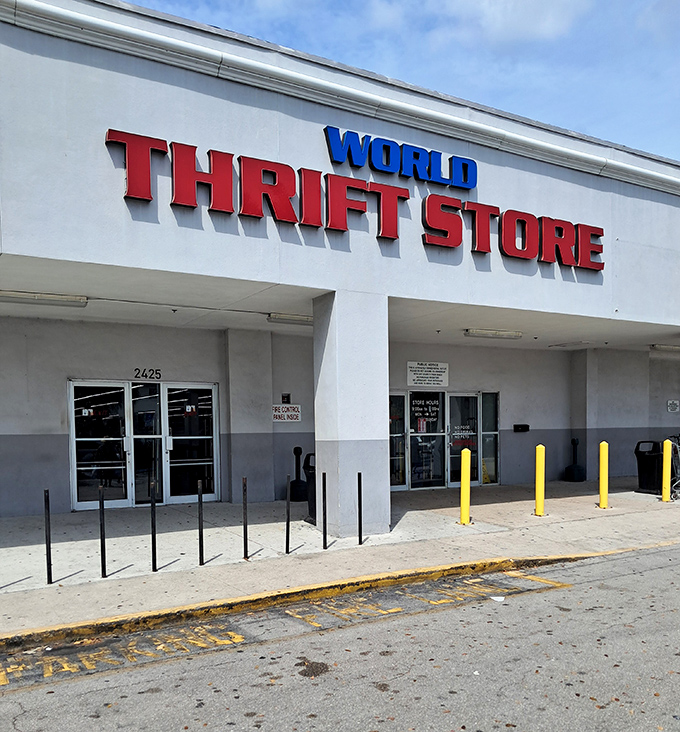 A closer look at World Thrift's iconic storefront. This isn't just shopping&mdash;it's an archaeological dig through decades of Florida fashion and home goods.