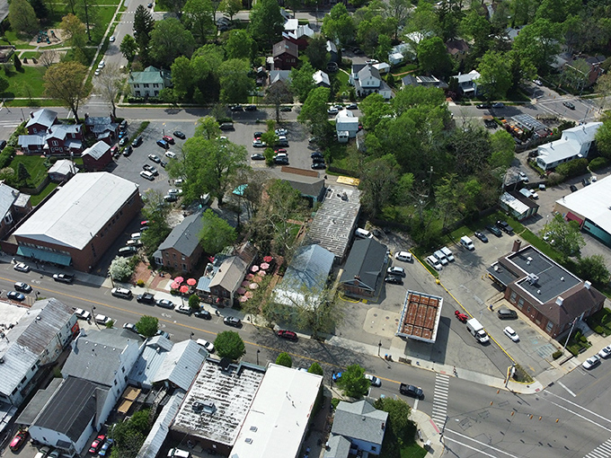 Bird's eye bargain hunting! Yellow Springs unfolds like a treasure map where retirees discover their dollars stretch further than their morning yoga class.