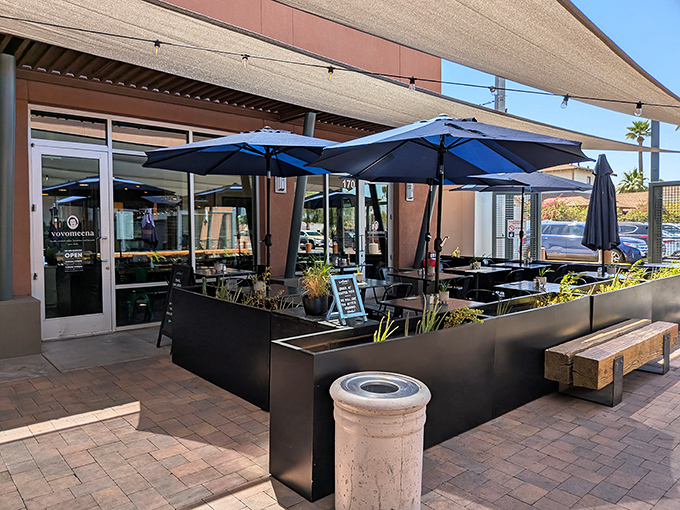 Modern yet welcoming, Vovomeena's outdoor seating area offers the perfect perch for people-watching while contemplating a second helping of those legendary biscuits.