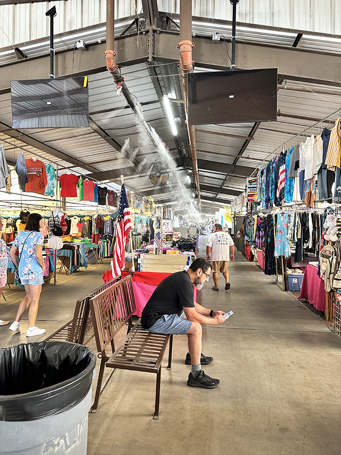American flags and colorful clothing create the perfect backdrop for the market's unique blend of patriotism and commerce.