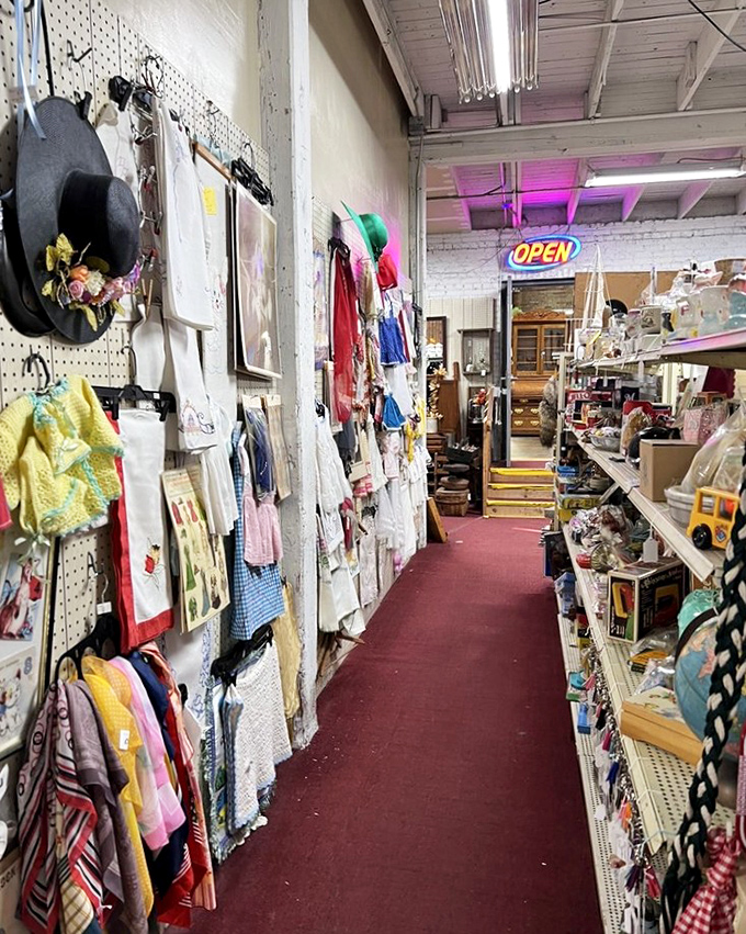 Red carpet treatment, vintage-style! This corridor of collectibles feels like walking through a museum where you're actually allowed to touch everything.