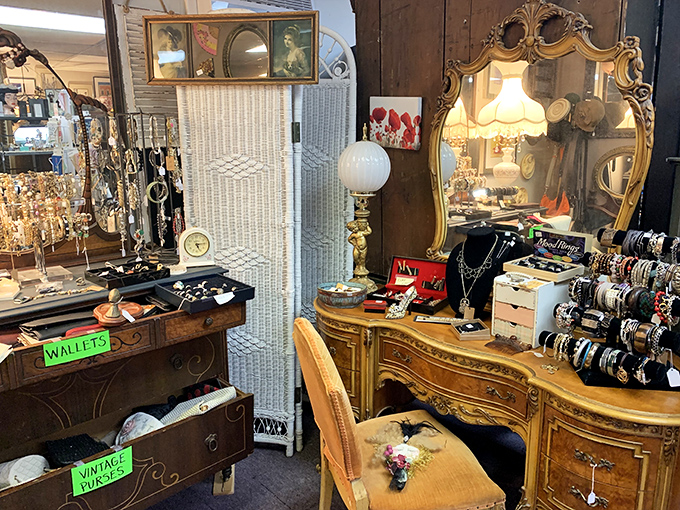 Jewelry displays that could make a magpie weep with joy, each piece carrying stories from forgotten jewelry boxes.