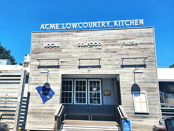 Acme Lowcountry Kitchen's weathered wood exterior isn't just Instagram-worthy&mdash;it's a promise that authentic seafood awaits inside.